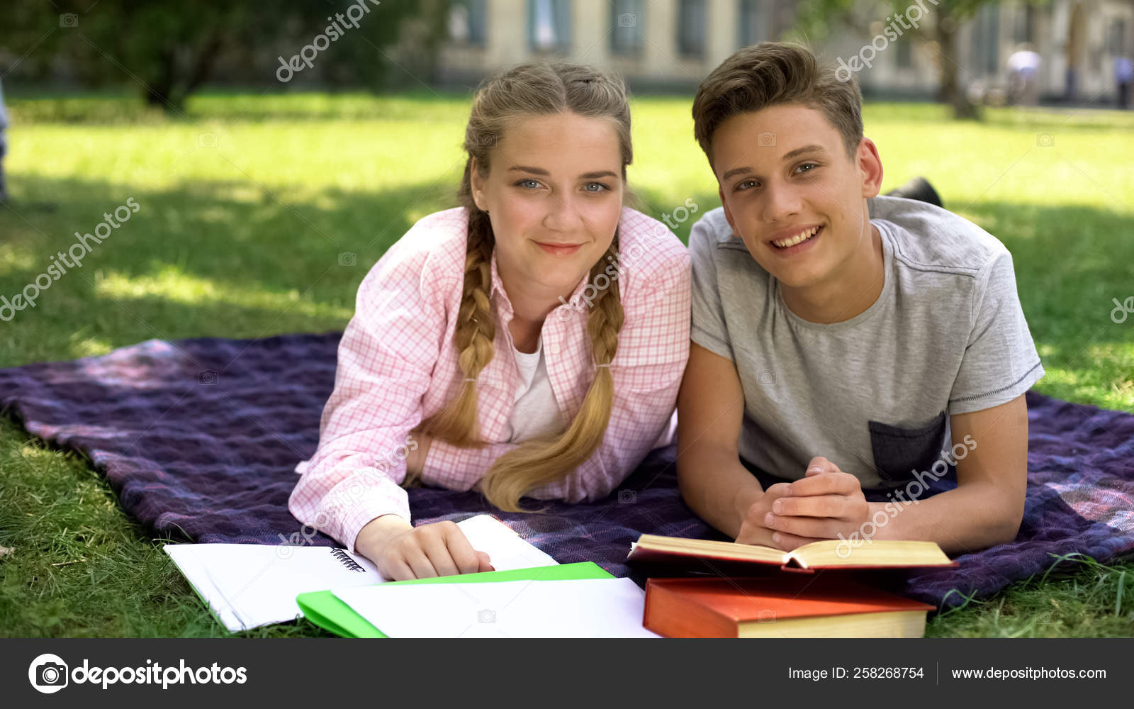 Students Looking Camera Lying Plaid University Campus Studying Stock ...