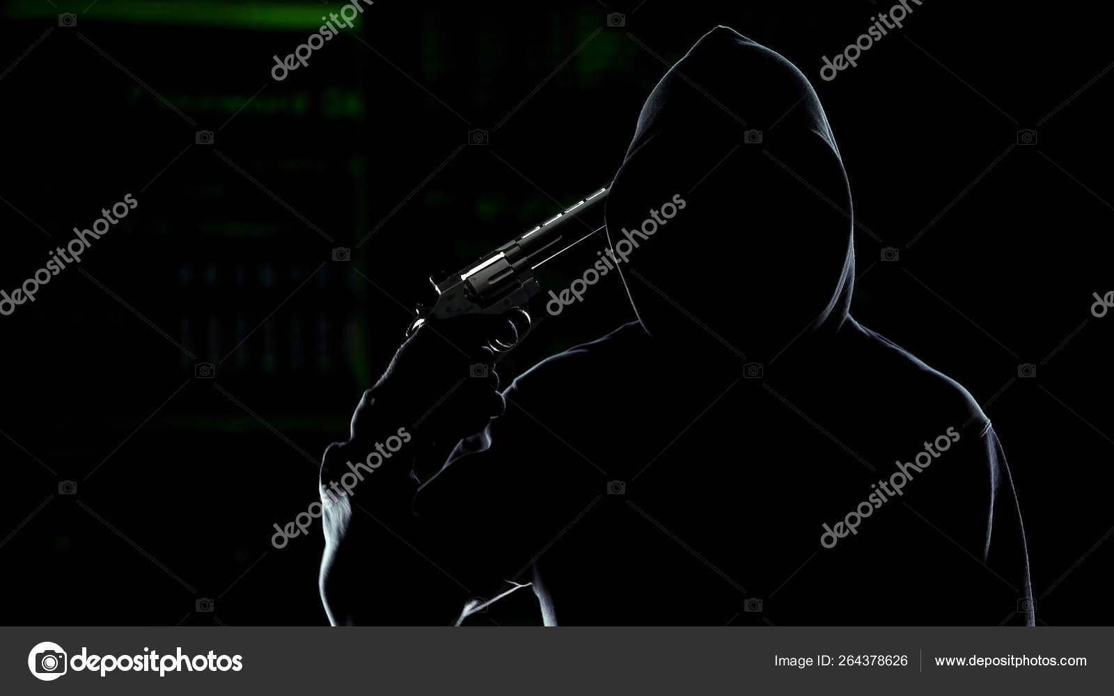 Hacker Silhouette Pointing Gun His Temple Computer Code Background ...