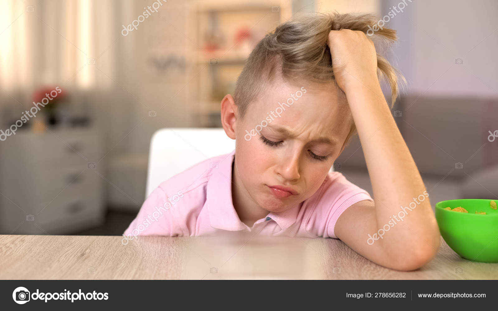 Sad Boy Sitting Kitchen Table Refusing Eat Healthy Tasteless Meal Stock ...