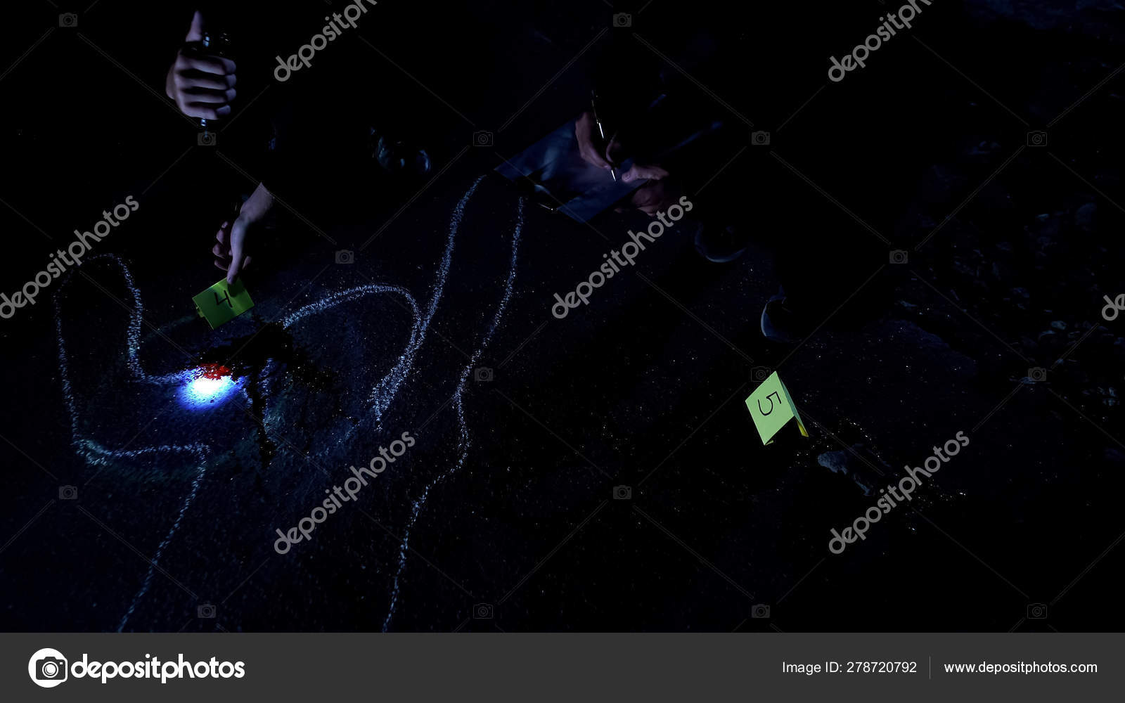 Officers Flashlight Studying Crime Scene Fixing Numbers Evidence ...