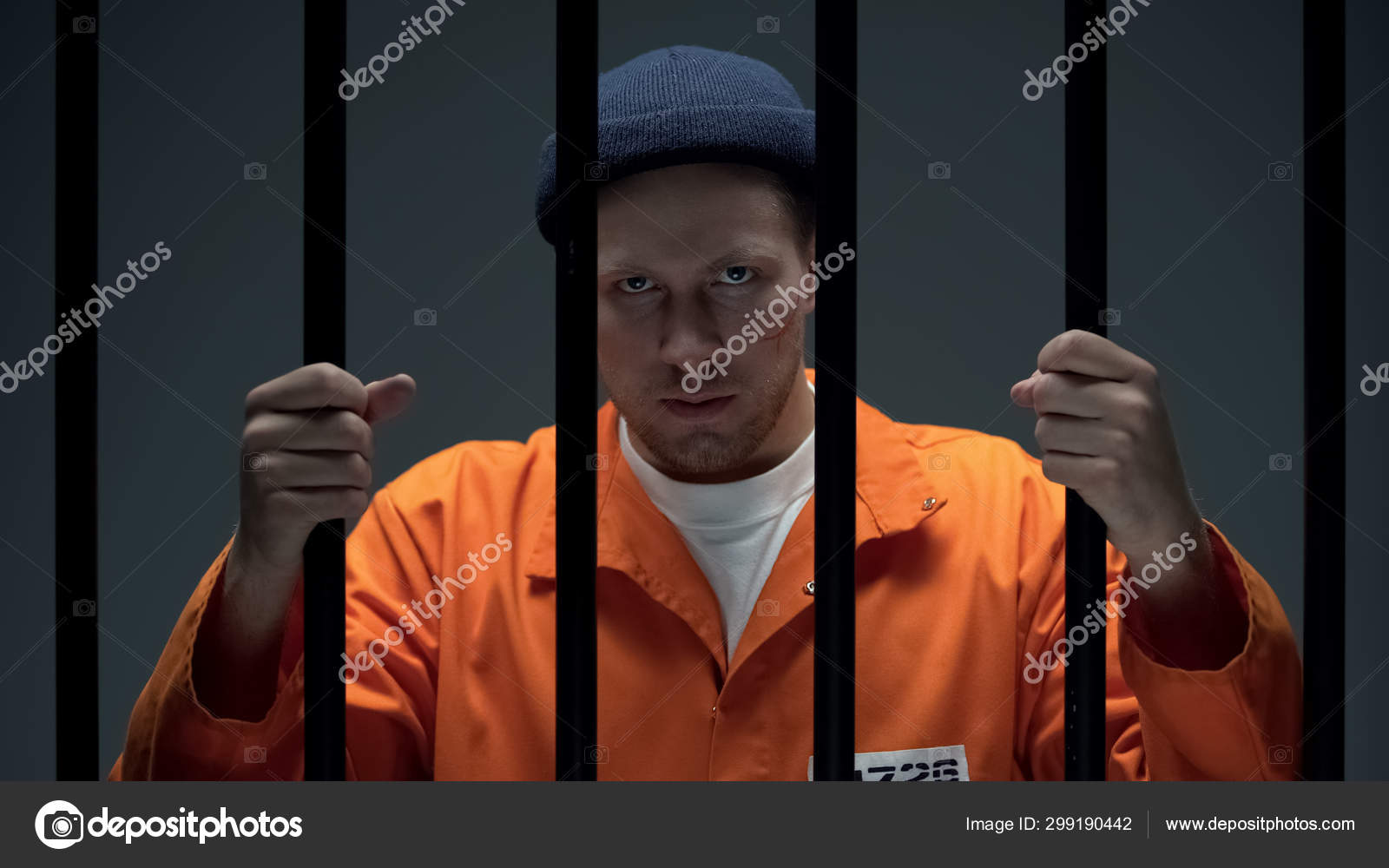 Angry Caucasian Prisoner Scared Face Looking Cell Bars Danger — Stock ...