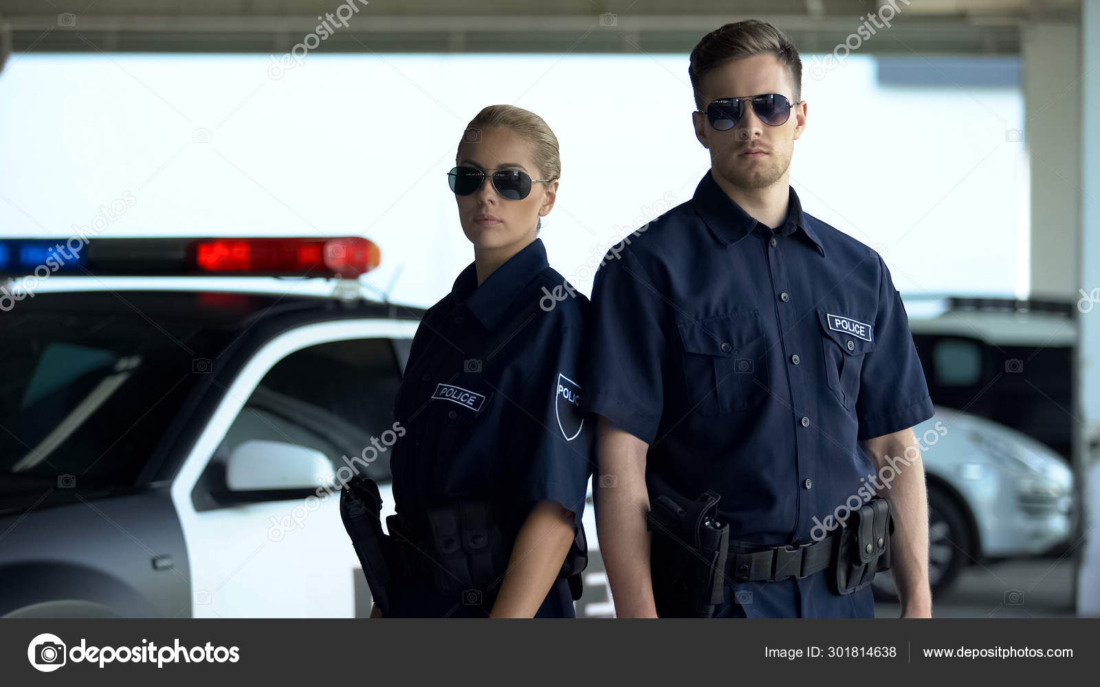 Confident Policewoman Man Sunglasses Standing Patrol Car Duty — Stock ...