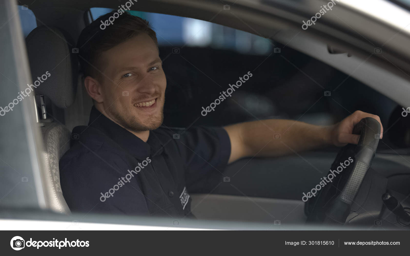 Smiling Policeman Sitting Patrol Car Looking Camera Law Order — Stock ...