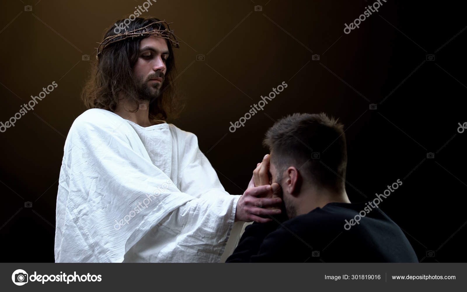 Son God Supporting Crying Desperate Man Dark Background Spiritual Help ...