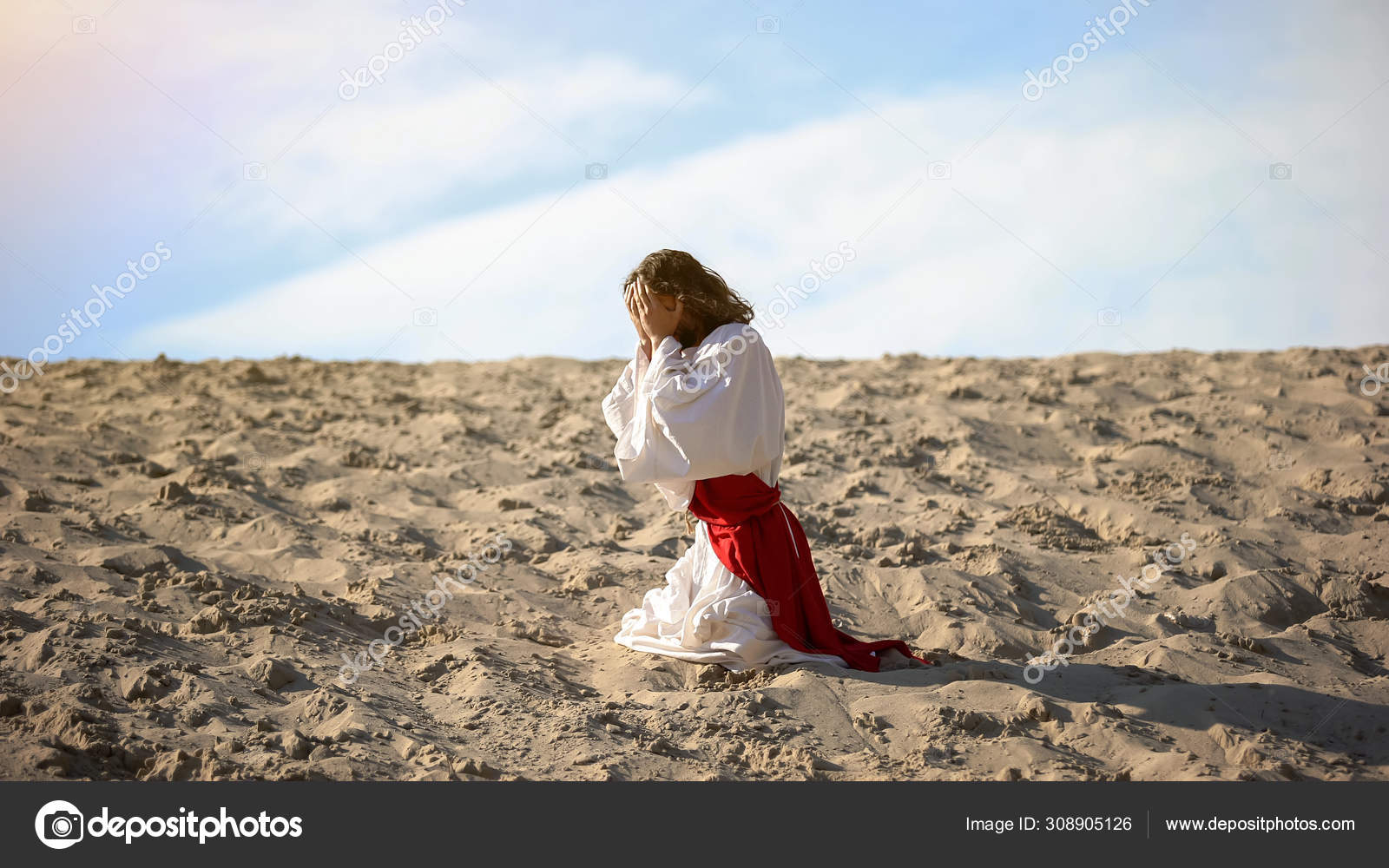 Man Robe Repenting Sins Praying God Desert Pangs Conscience — Stock ...