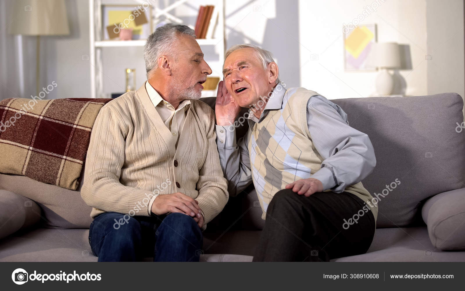 Old Man Talking Deaf Friend Sitting Sofa Home Hearing Disease — Stock ...