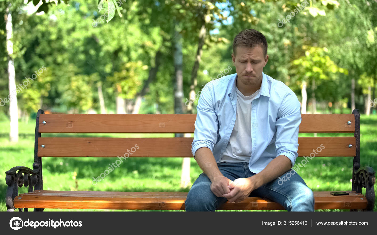 Sad Young Man Sitting Alone Park Bench Breakup Crisis Problem Stock ...
