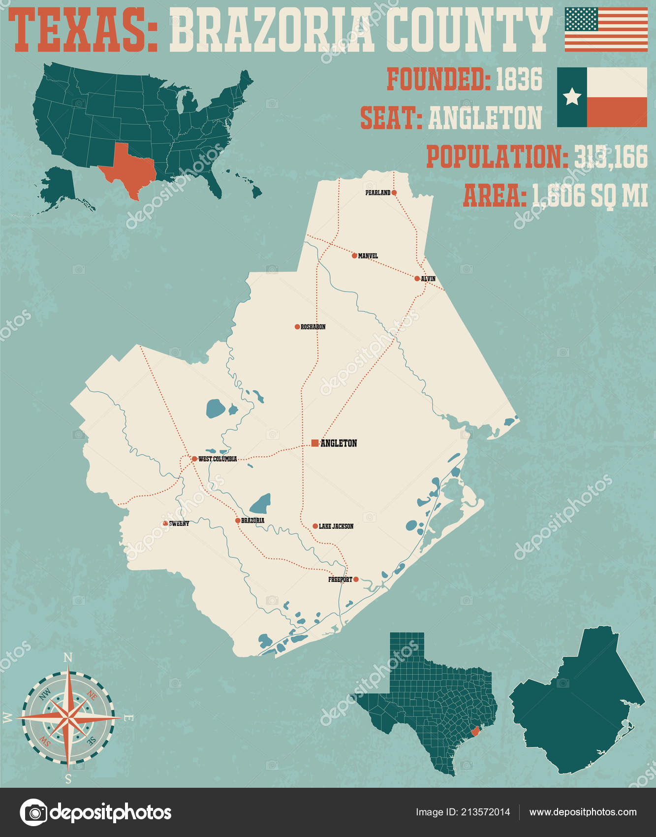 Detailed Map Brazoria County Texas Usa Stock Vector By ©malachy666 213572014