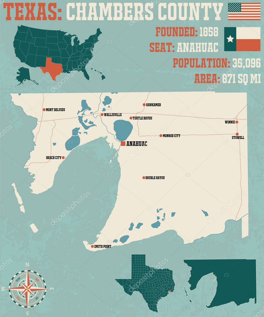 Mapa detallado de Condado de Chambers en Texas, Estados Unidos 2024