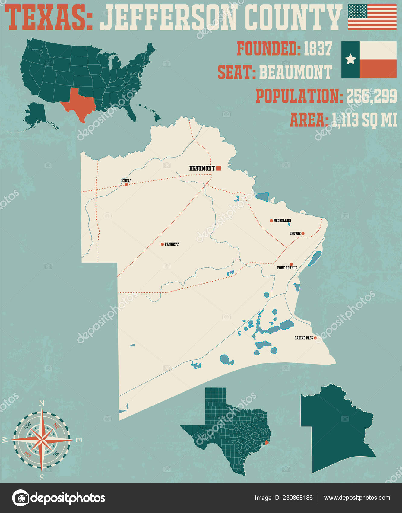Mapa Detallado Condado Jefferson Texas Estados Unidos Vector de stock ...