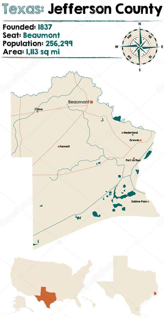 Mapa detallado de Condado de Jefferson en Texas, Estados Unidos 2024