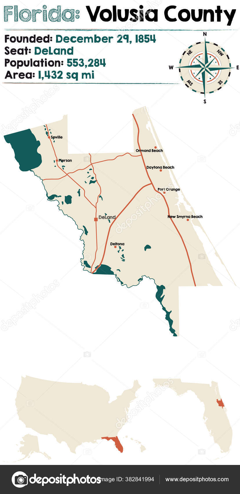 Mapa Grande Detallado Del Condado Volusia Florida Vector de stock por ...