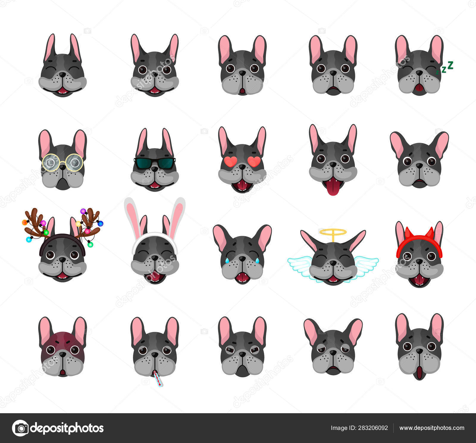 Emoji Set Dogs French Bulldog Faces Different Expression Emotions ...