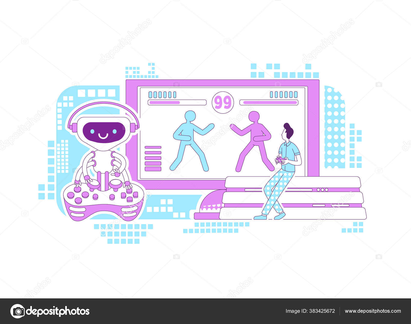 Video game bot thin line concept vector illustration. Male gamer ...