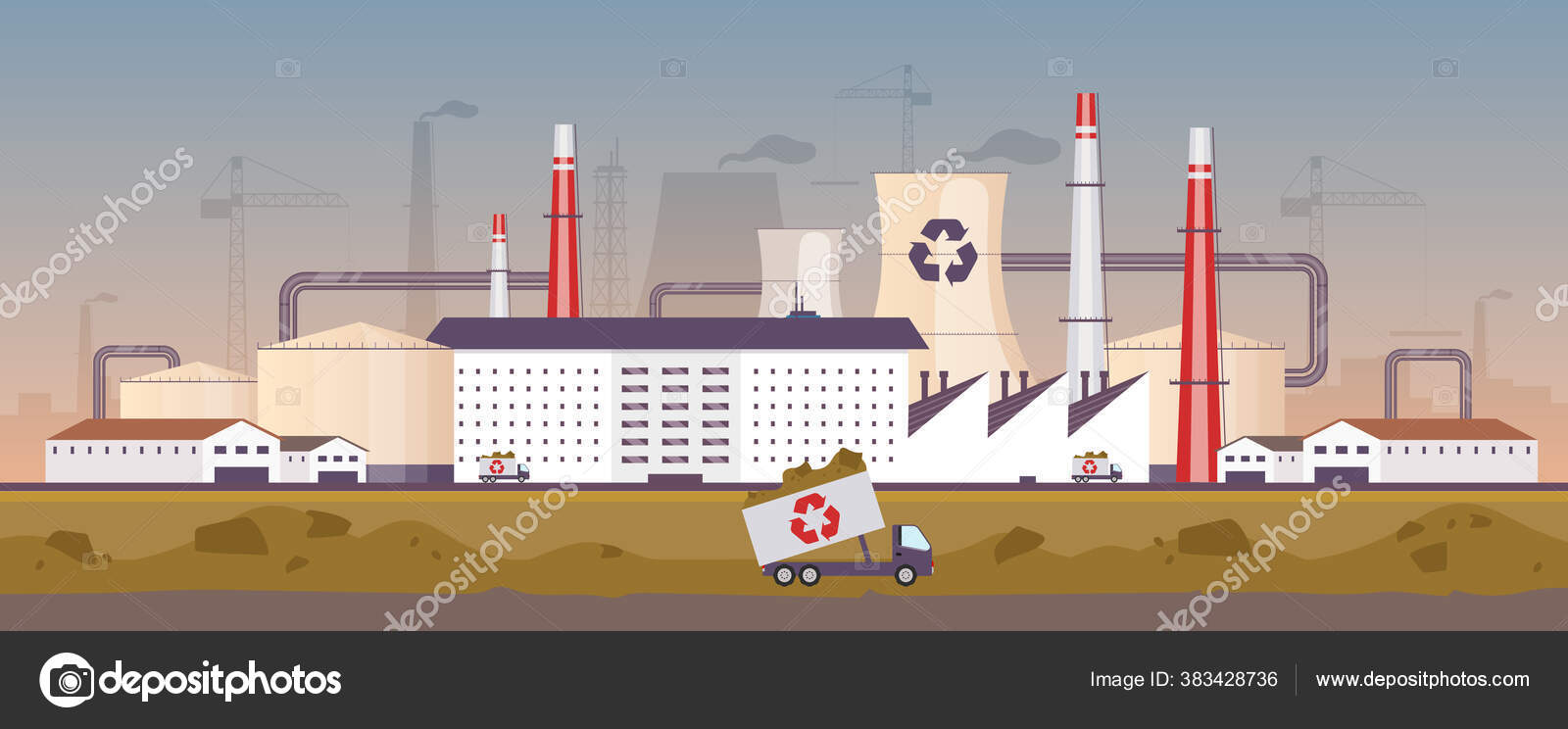 Waste management plant flat color vector illustration. Recycling ...