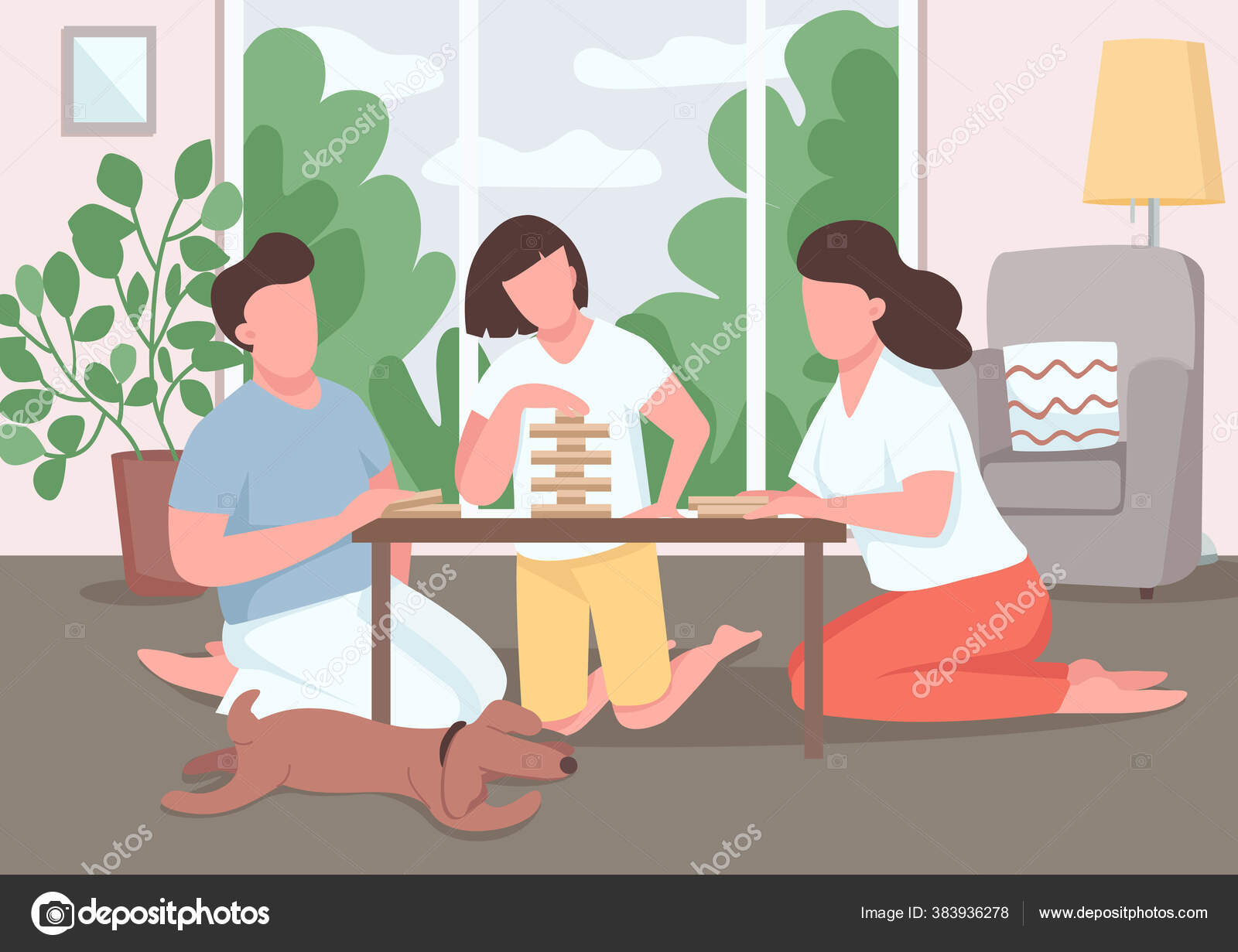 Family play board game flat color vector illustration. Daughter build ...