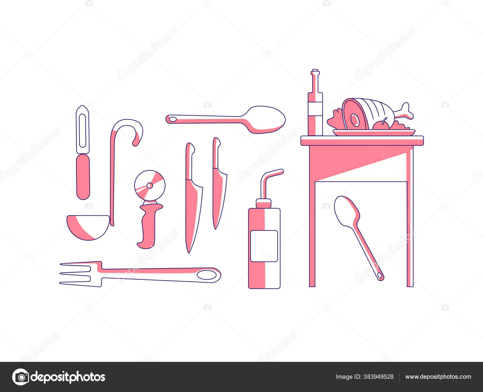 Culinary items red linear objects set. Meat dish and wine bottle ...