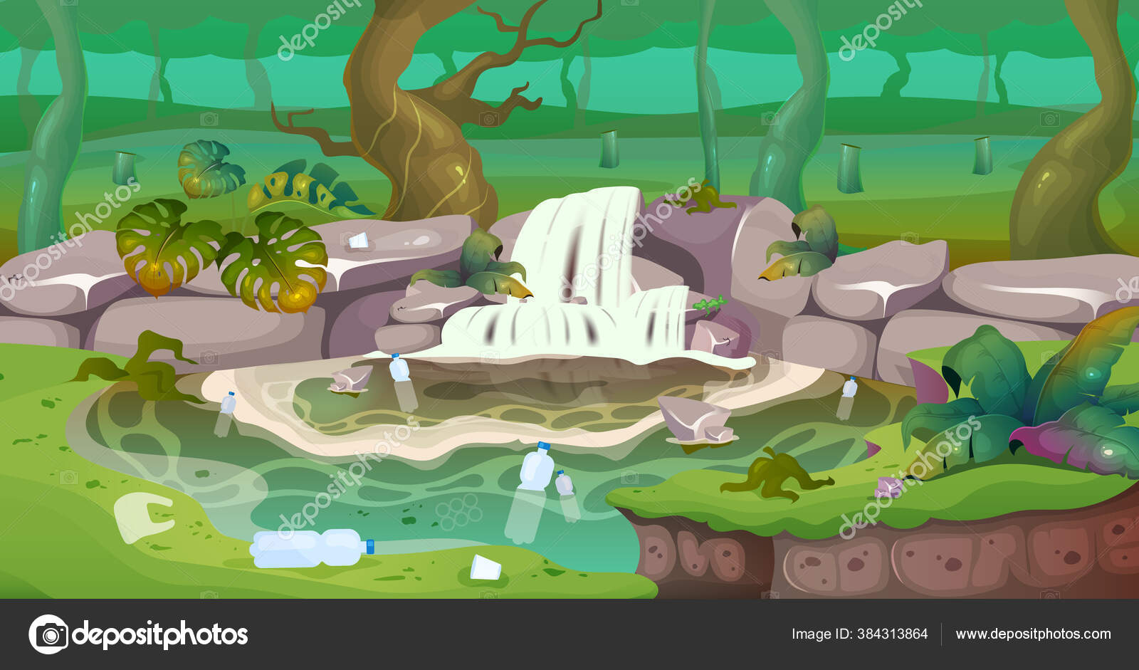 Plastic pollution flat color vector illustration. Industrial damage to ...