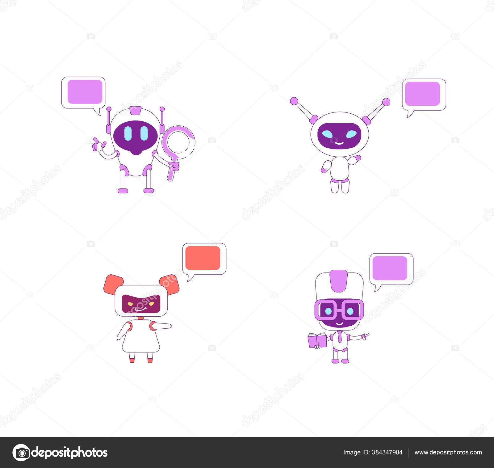 Humanoid bots flat color vector characters set. Boy AI with book and ...