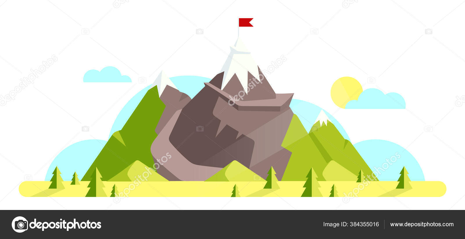 Mountain with red flag on top cartoon vector illustration Stock Vector ...