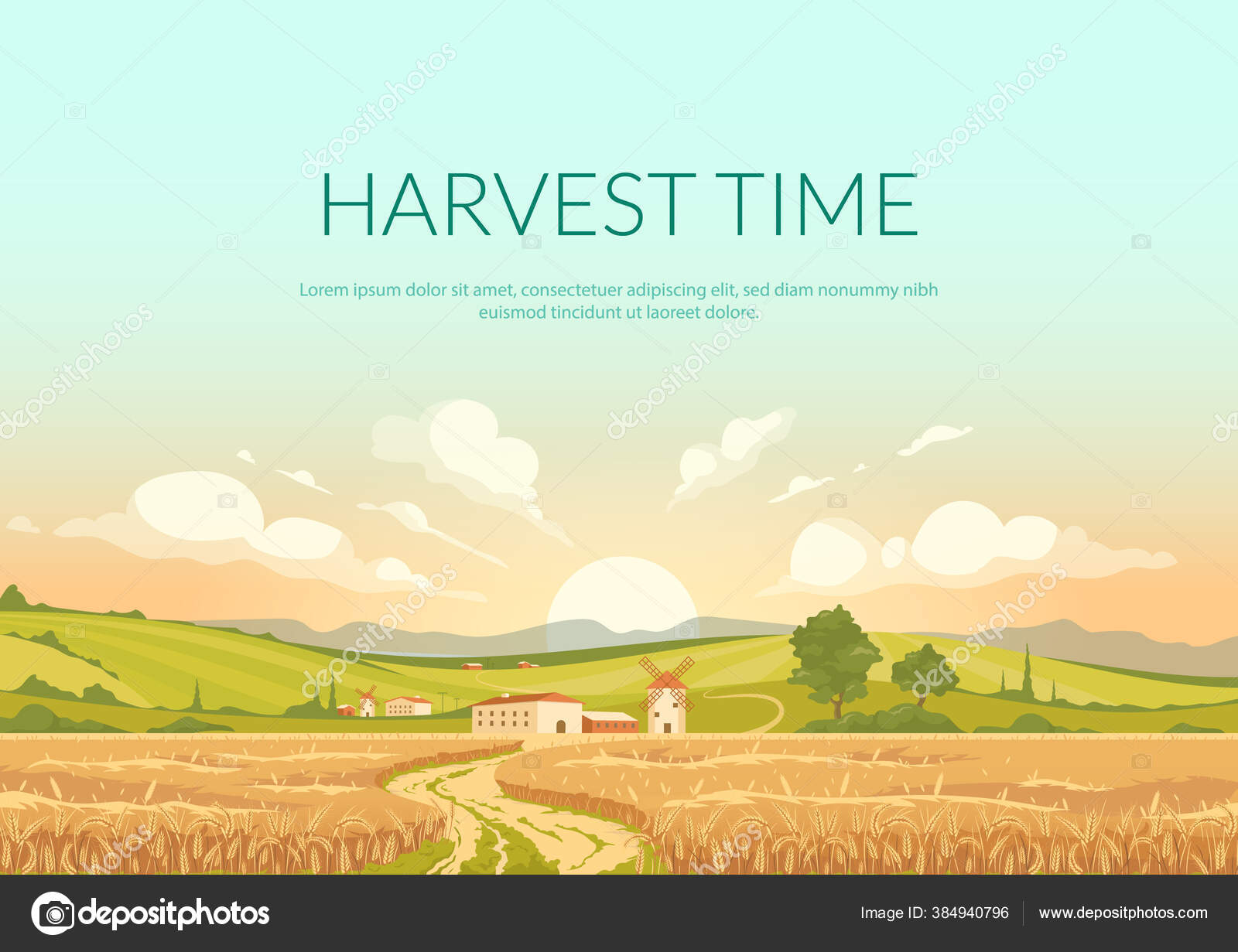 Harvest Time Poster Flat Vector Template Agricultural Area Ripe Crops ...