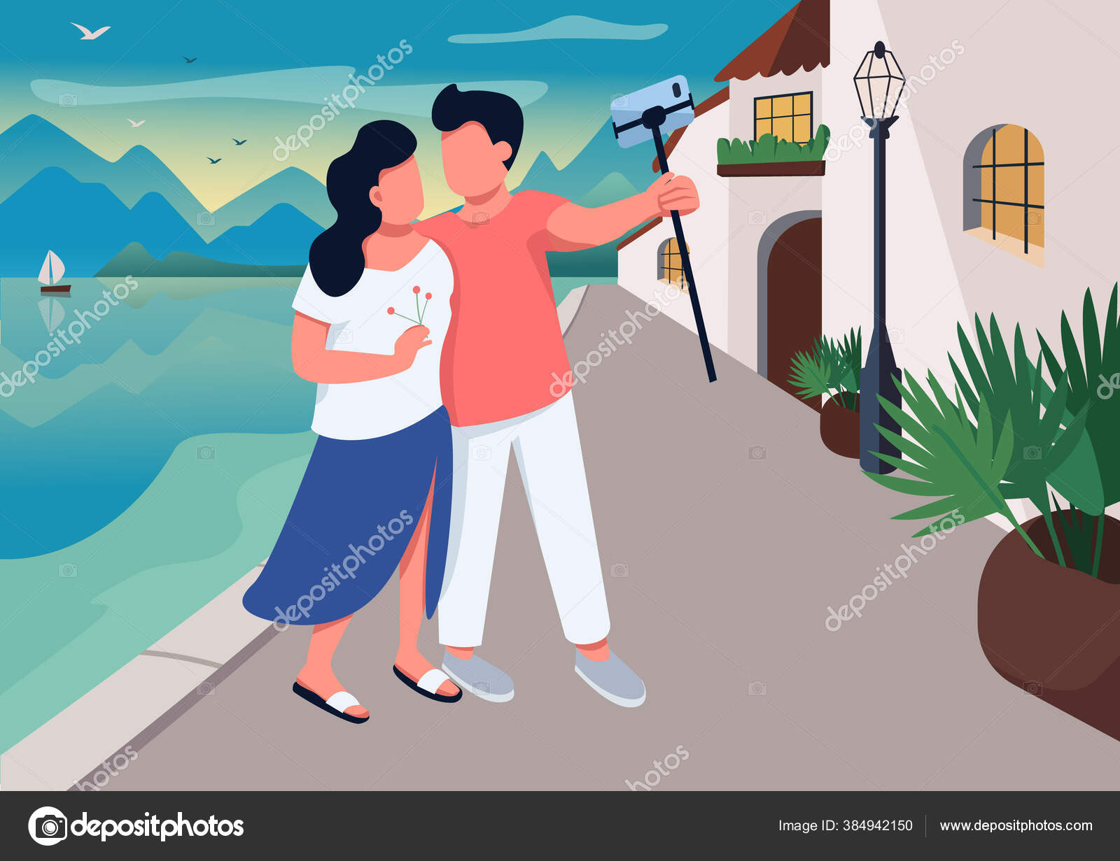 Couple Date Resort Village Flat Color Vector Illustration Romantic ...