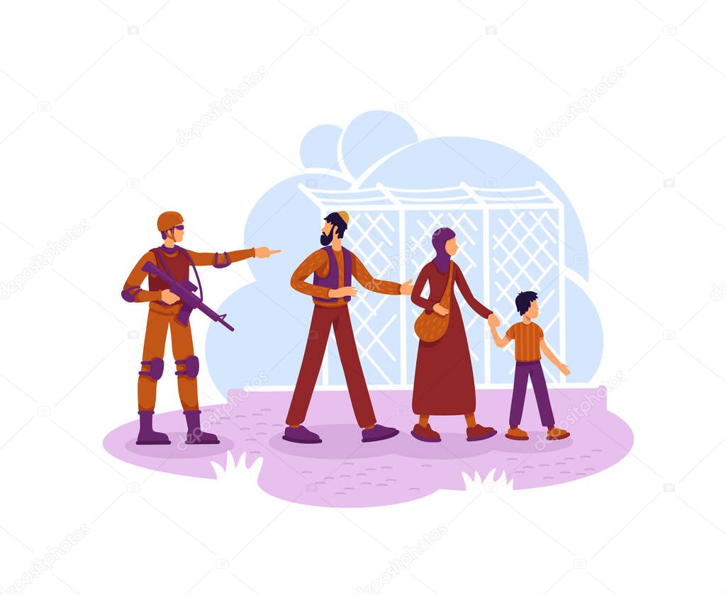 Refugiados y guardia banner web vector 2D, cartel. Migrantes familia ...