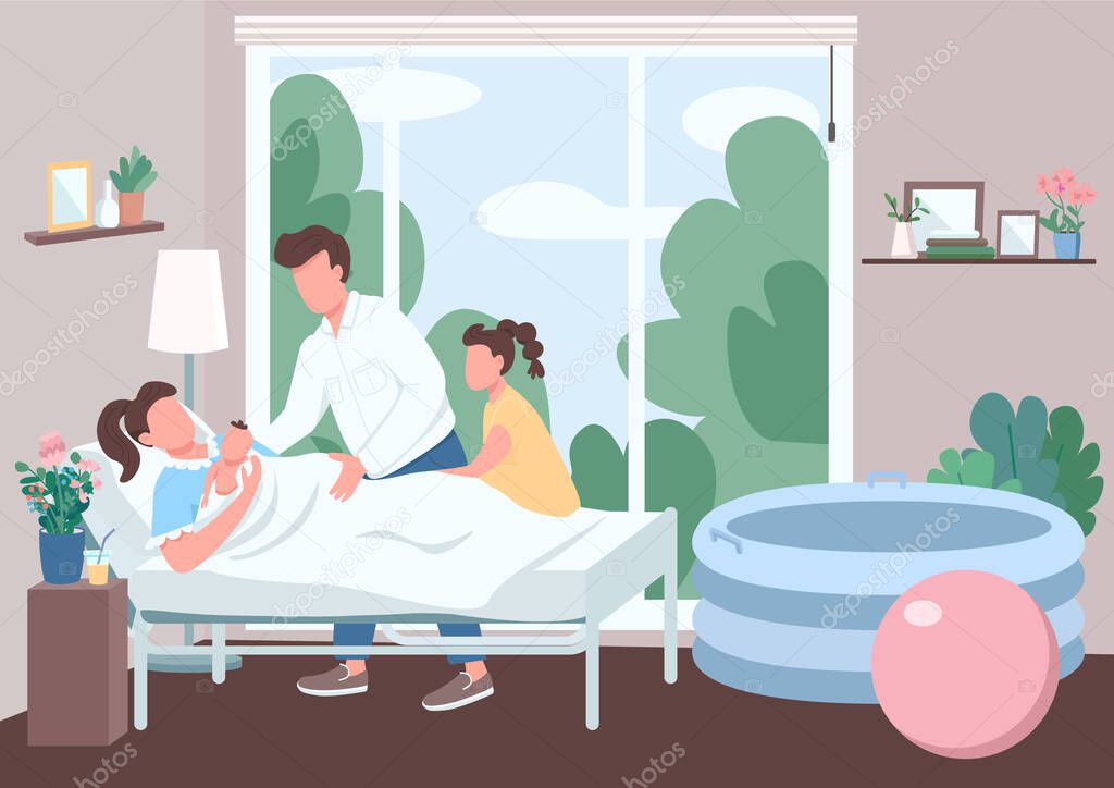 Apoyo Familiar Para La Ilustración Del Vector De Color Plano Del Parto La Mujer En La Cama