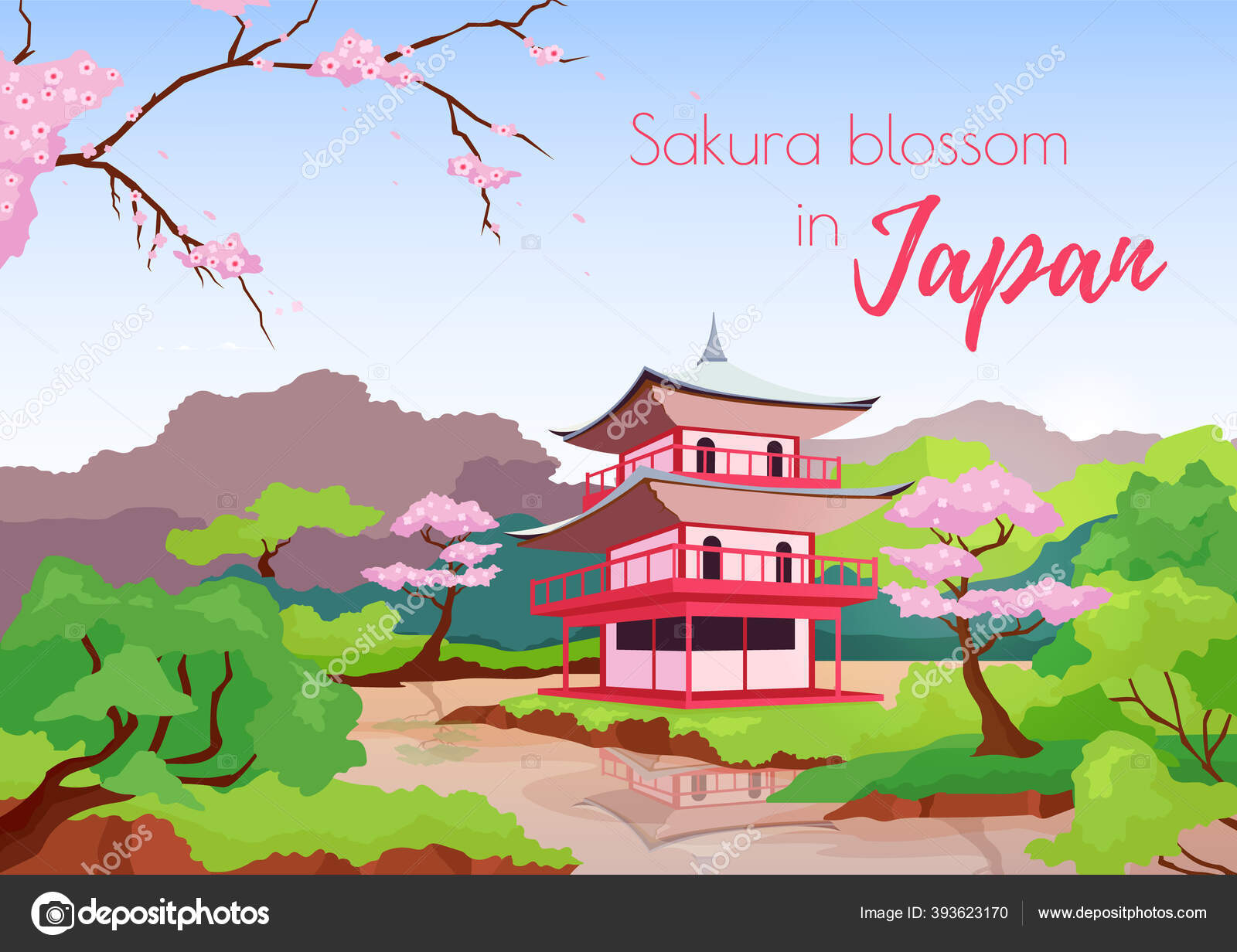 Japanese Landscape Poster Flat Vector Template Sakura Blossom Japan ...