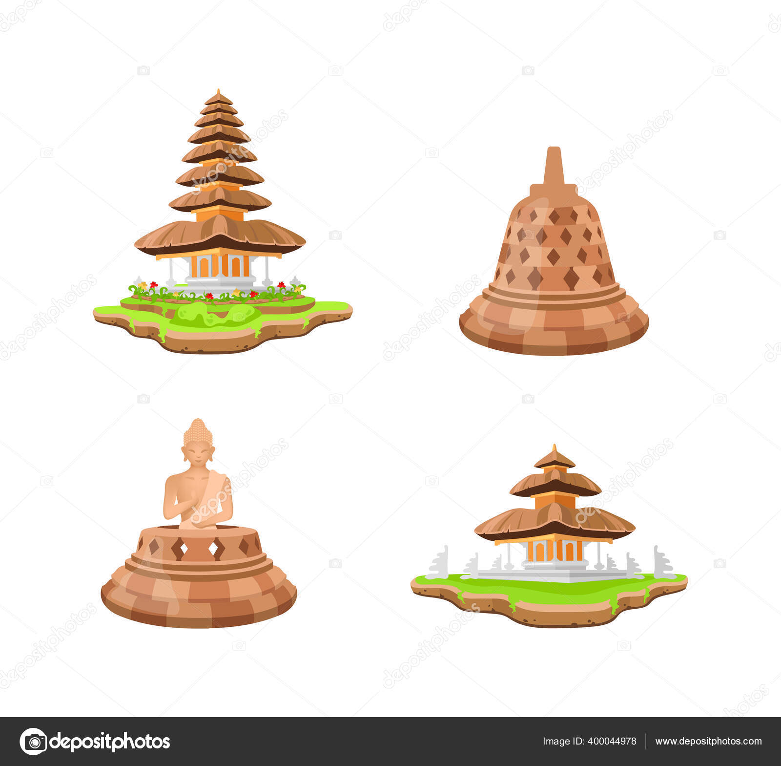 Indonesian Temples Flat Color Vector Objects Set Borobudur Temple ...