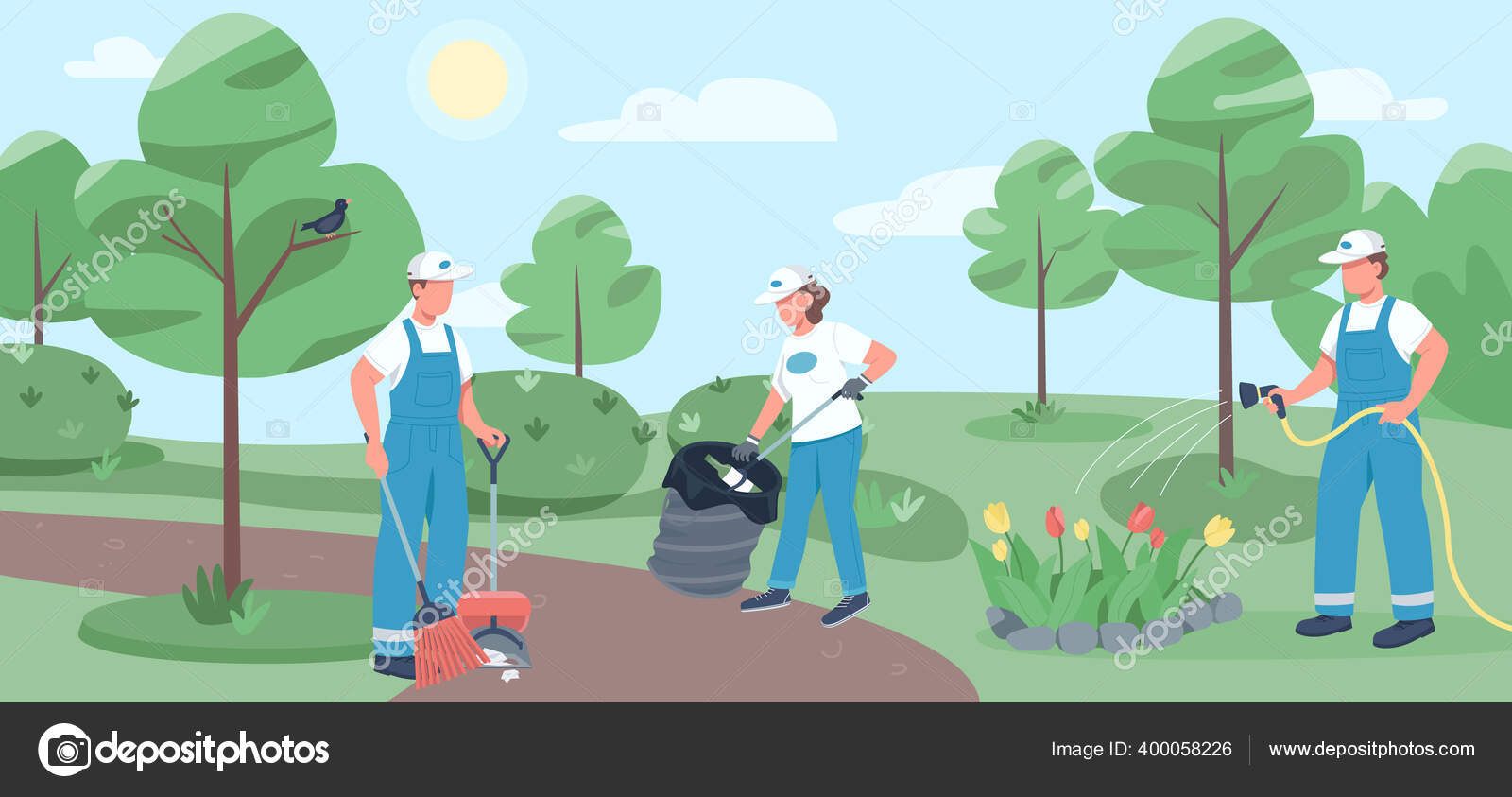 Community Work Flat Color Vector Illustration Janitorial Team Cartoon ...