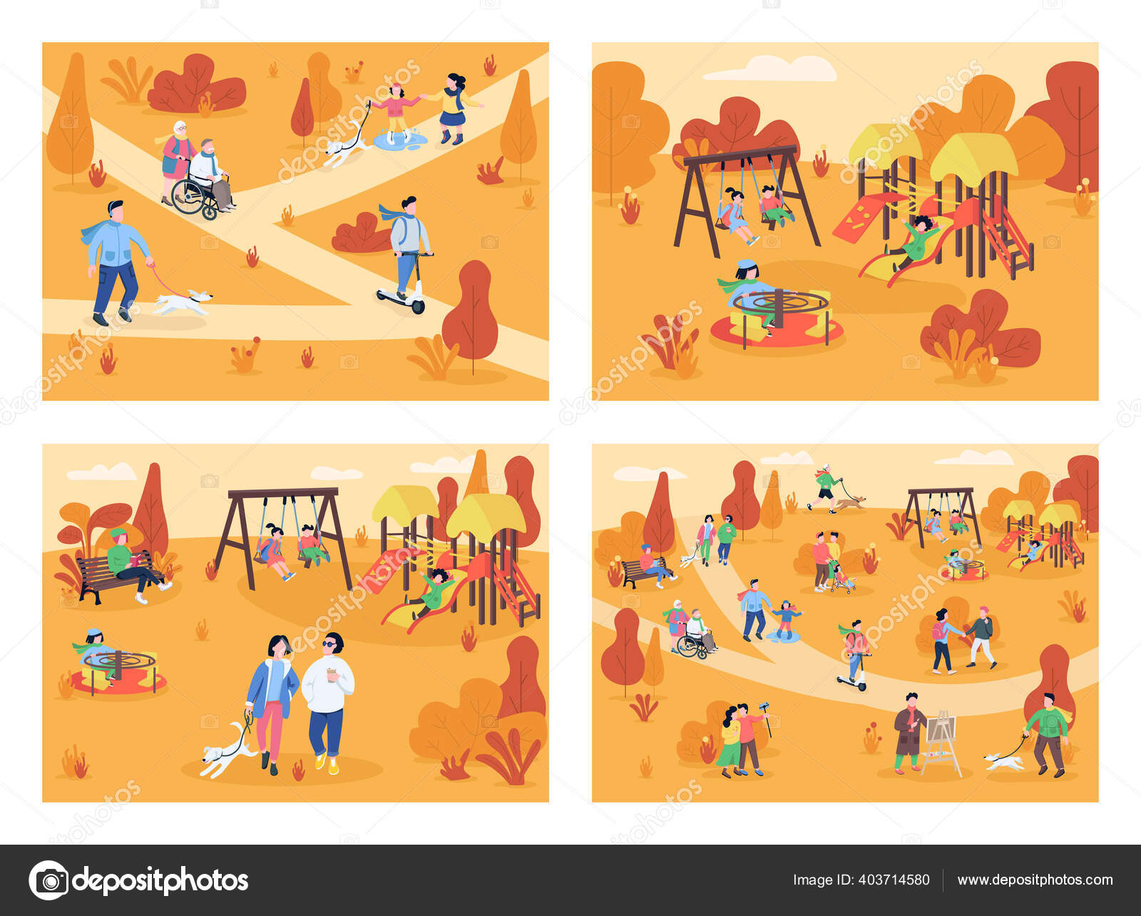 Autumn Recreation Area Flat Color Vector Illustration Set Outdoor ...