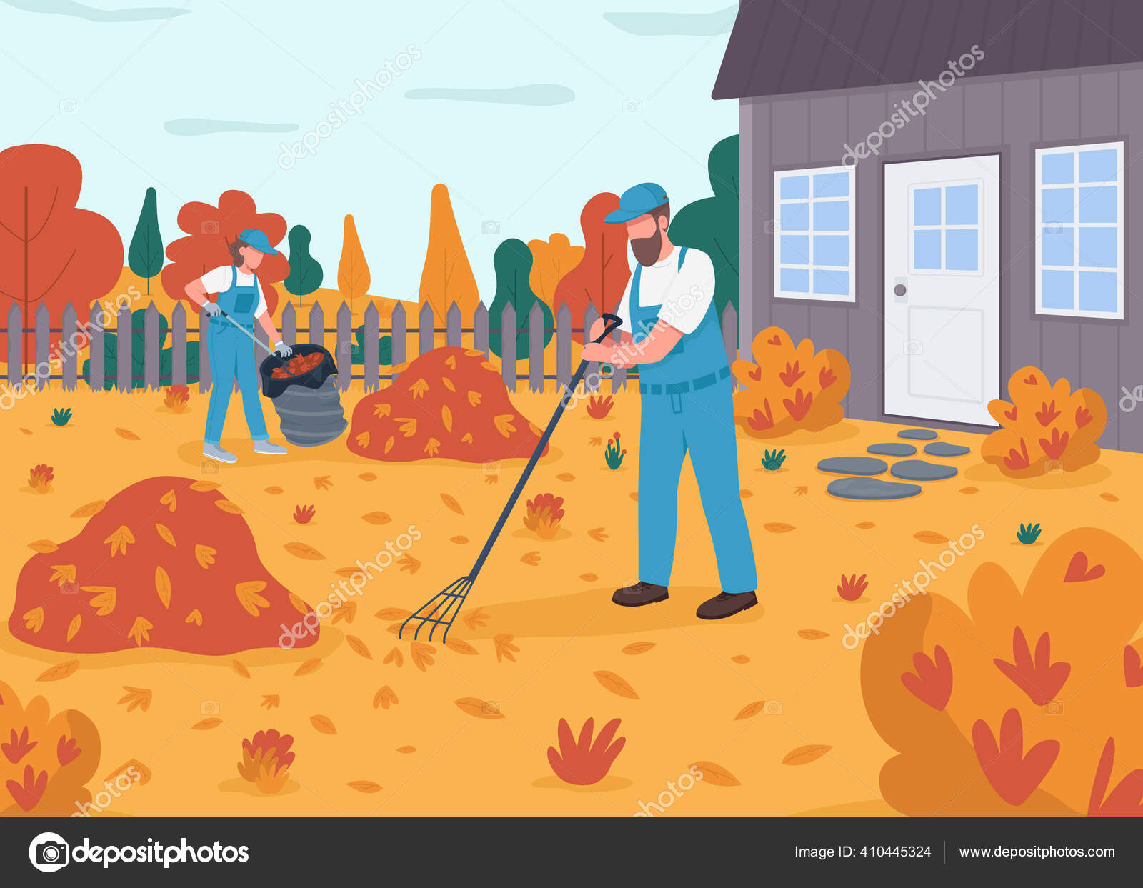 Raking Leaves Flat Color Vector Illustration People Uniform Seasonal ...