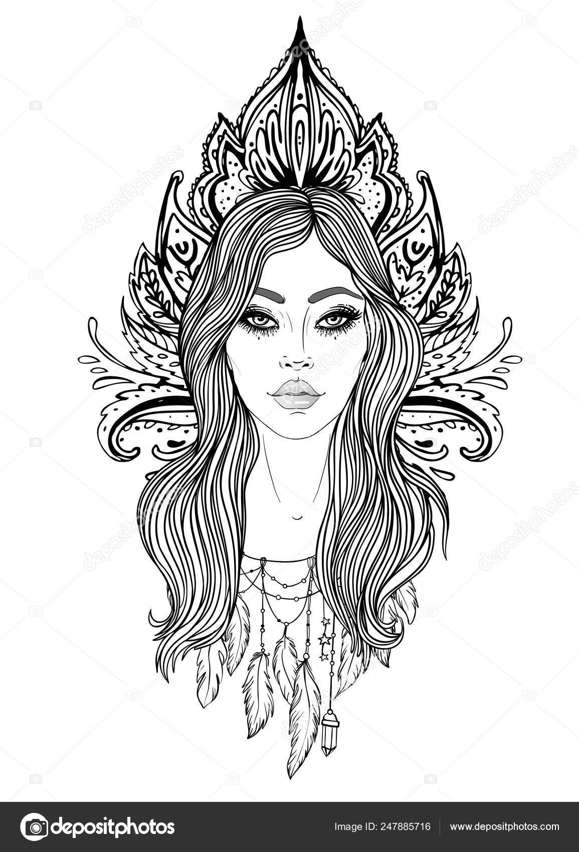 Divine Goddess Black White Girl Sacred Geometry Sign Isolated Vector ...
