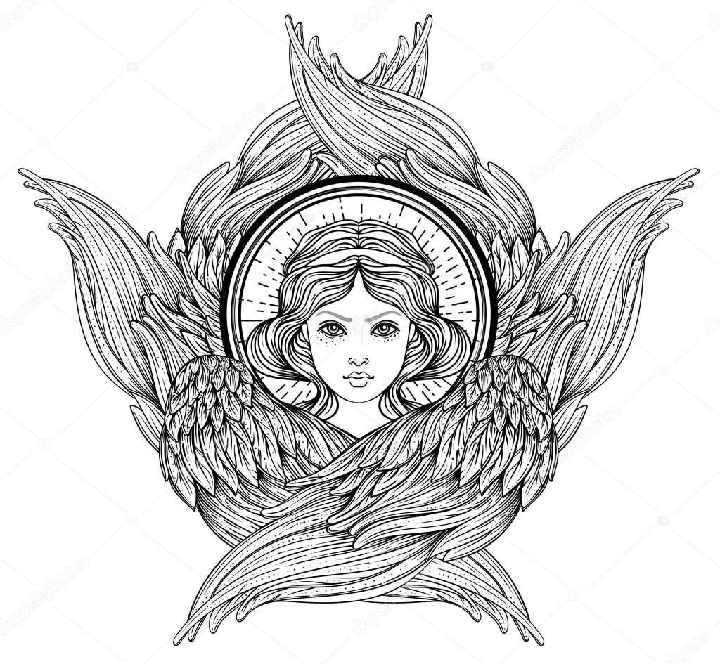 Serafín, Ángel de seis alas. Ilustración vectorial aislada dibujada a ...