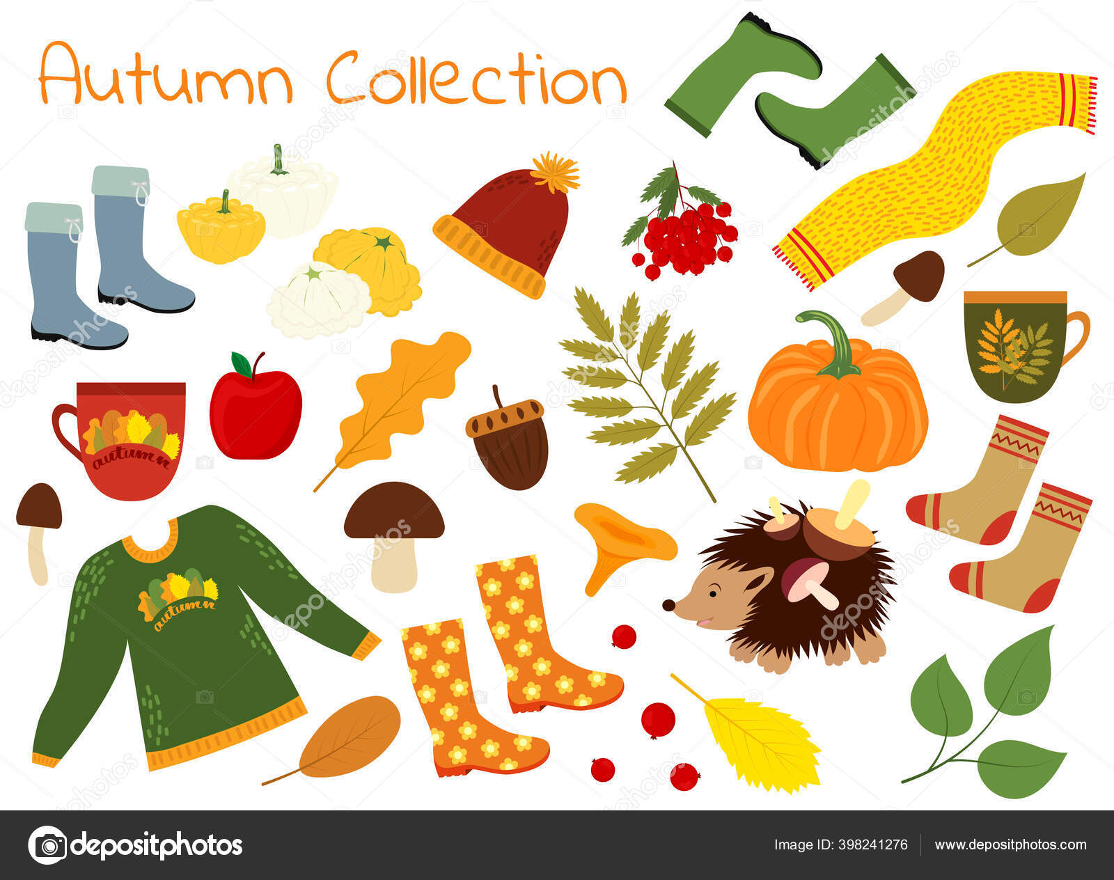 Collection Autumn Vector Pictures Set Autumn Items Leaves Pumpkin ...