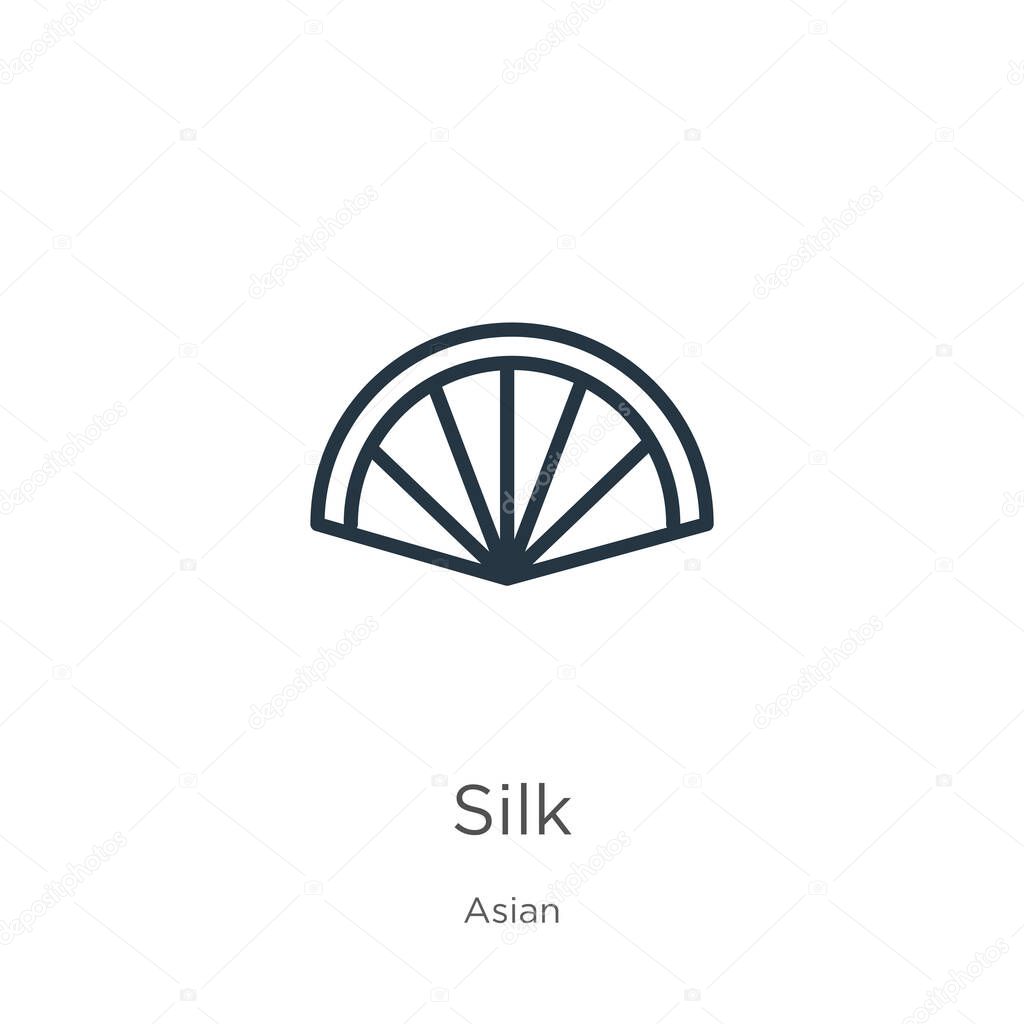 Icono de seda. Icono de contorno de seda lineal delgado aislado sobre fondo blanco de la ...
