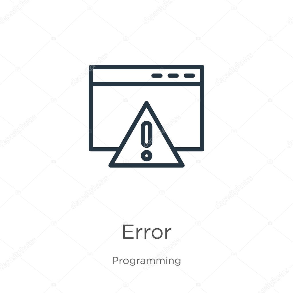 Icono de error. Icono de contorno de error lineal delgado aislado en fondo blanco de la ...