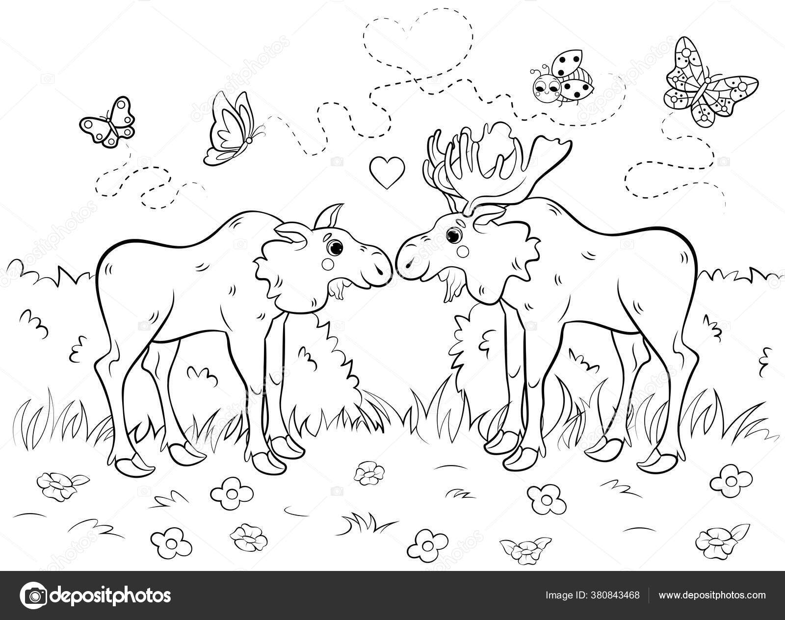 Coloring Page Outline Cute Cartoon Moose Couple Love Vector Image Stock ...