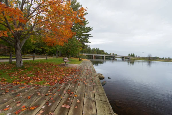 Lonely Autumn Walk. Empty riverfront park at the end of autumn under a ...