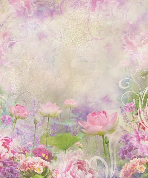 Beautiful flower lotus collage on the texture of the old wall. Digital ...