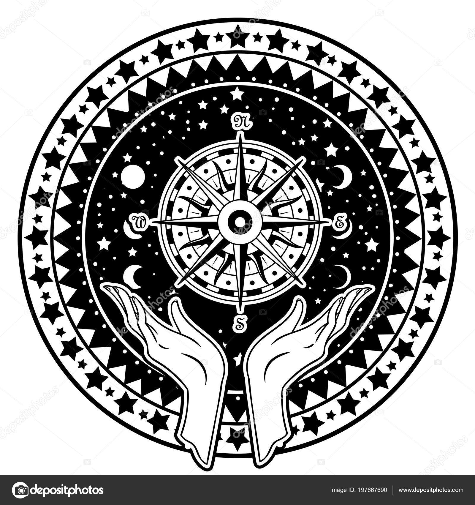Beautiful Hand Drawing Hand Holding Compass Cosmos Background Vector ...