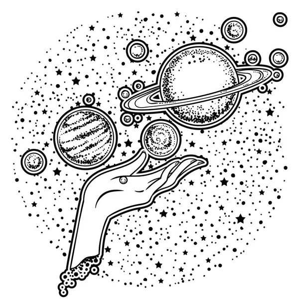 Hand Holding Planets Vector Illustration Isolated Tattoo Design Mystic ...