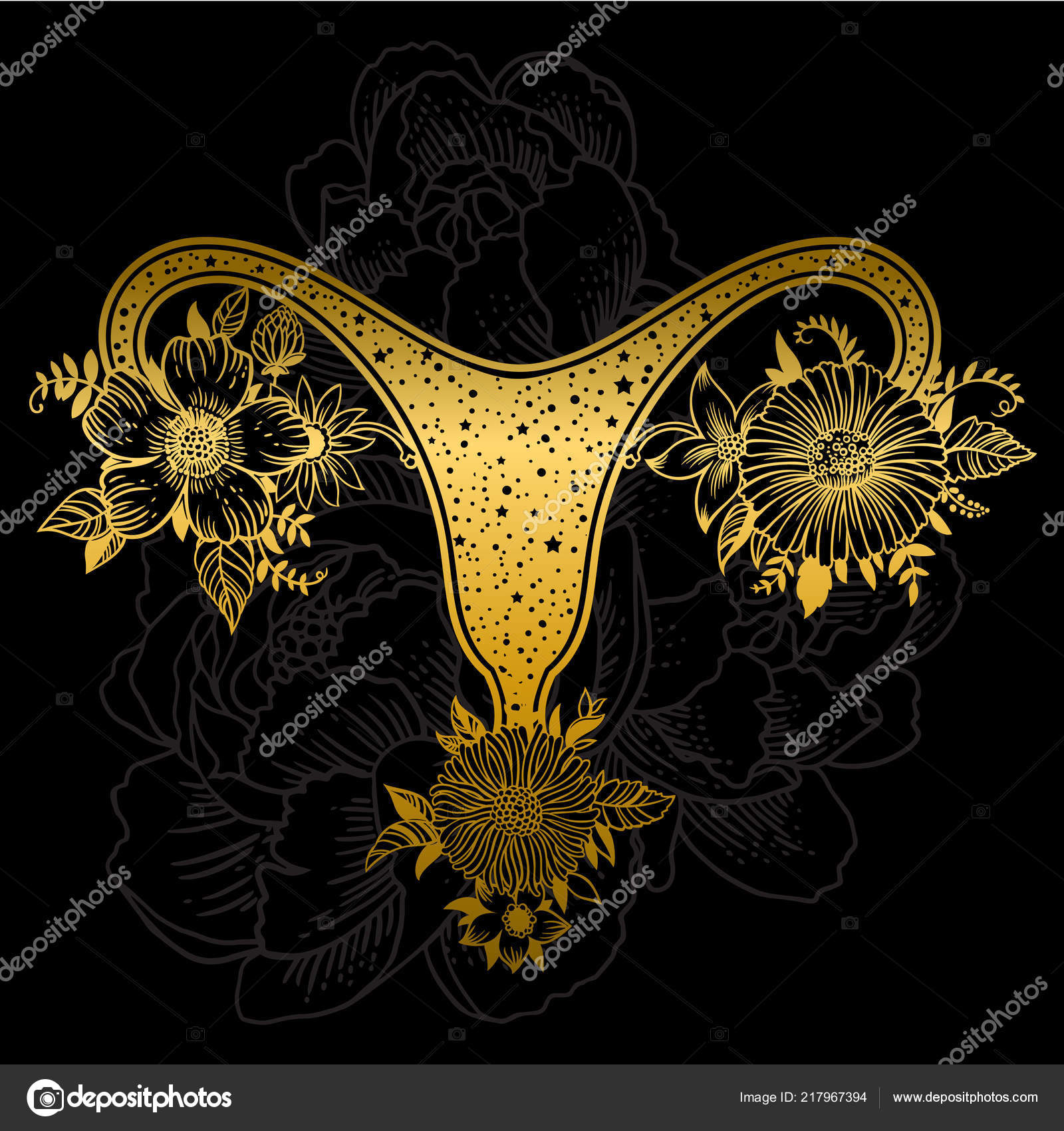 Female Reproductive Organs Flowers Golden Color Black Background Stock