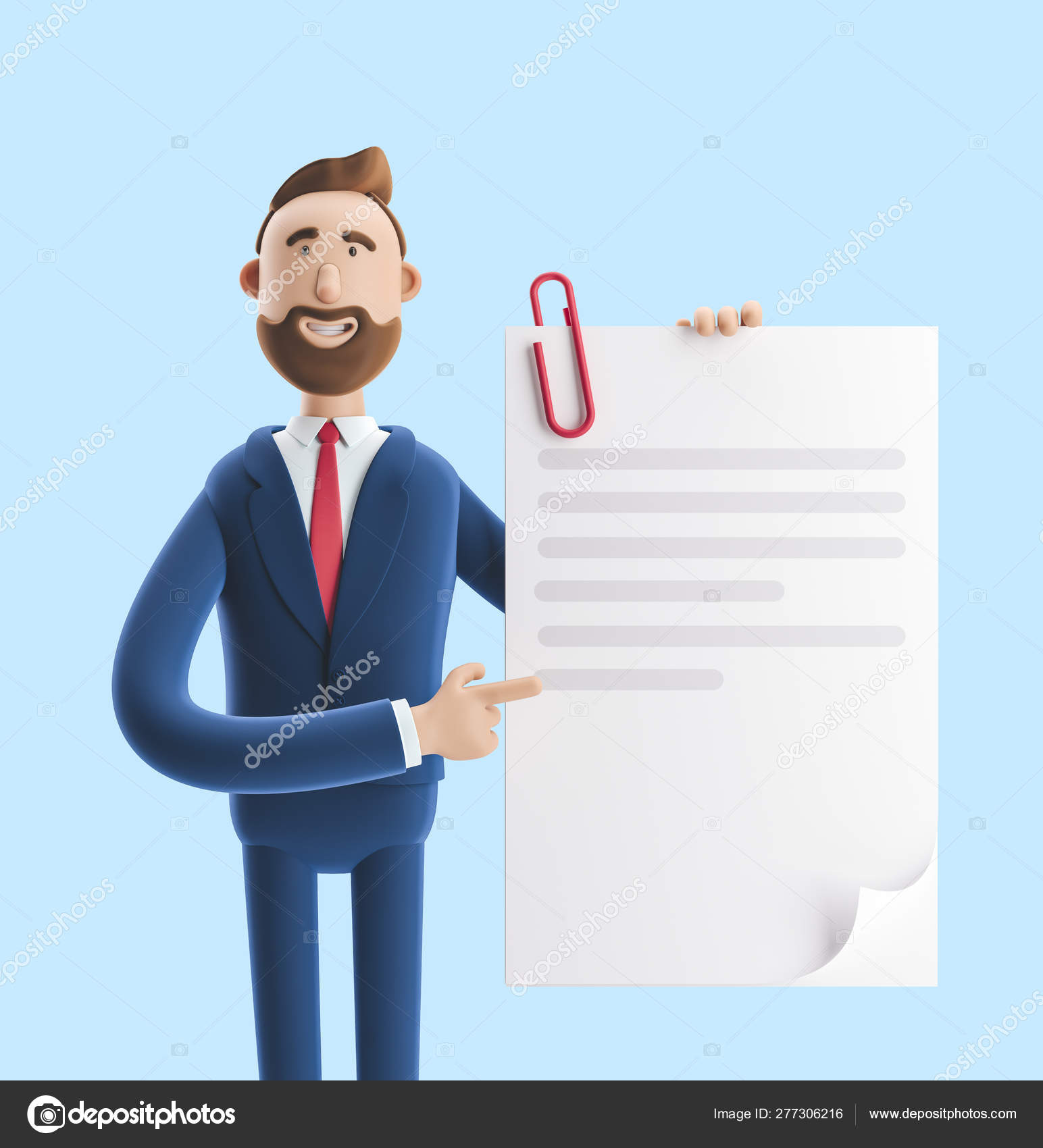 Handsome cartoon character Billy holds a completed document. 3d ...