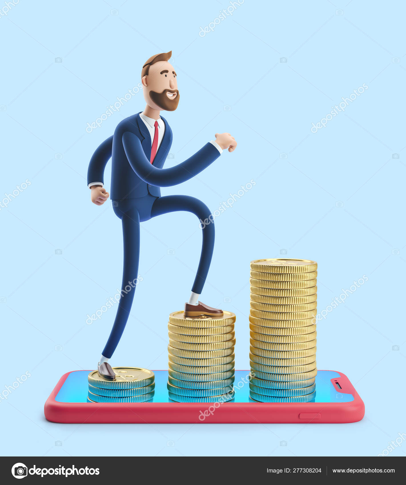 Cartoon character Billy goes to success. 3d illustration on blue ...