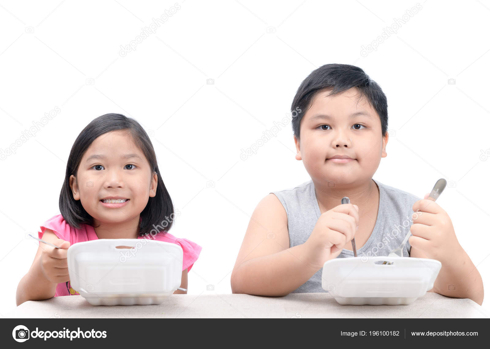 Brother Sister Eating Fried Rice Foam Box Isolated White Background ...