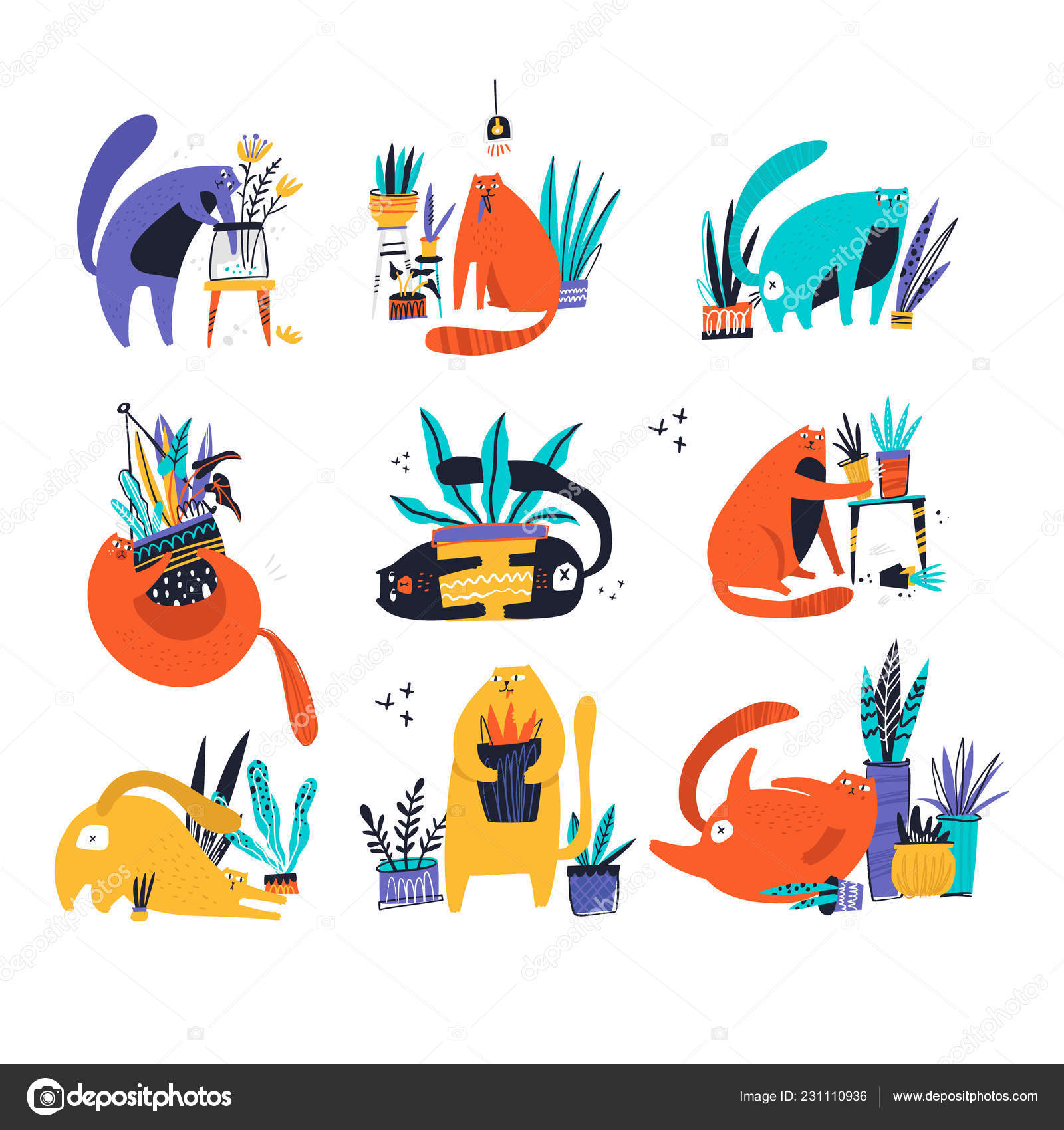 Guilty cat flat hand drawn vector color characters set Stock Vector ...