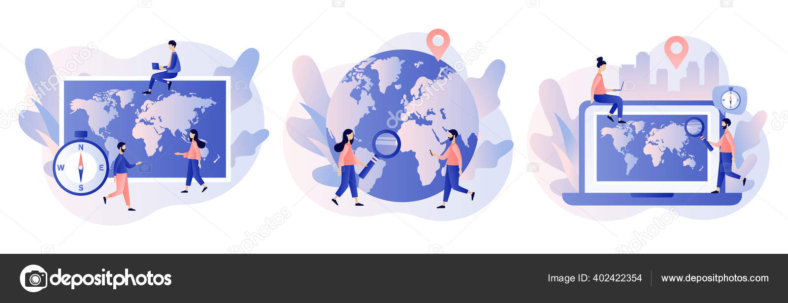 Geography concept. World map. Globalisation. Tiny people study atlas ...