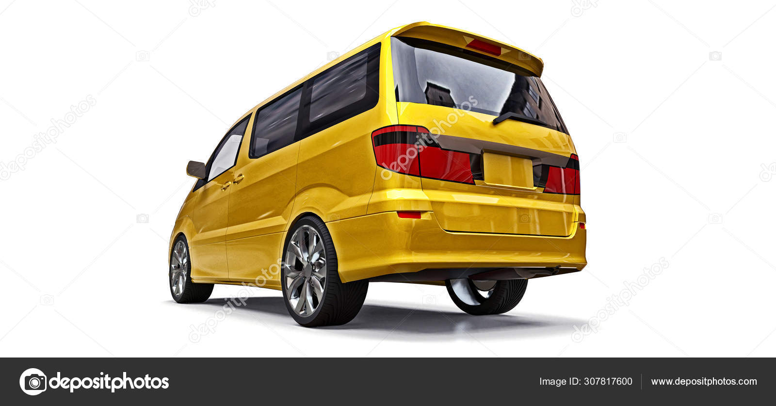 Yellow small minivan for transportation of people. Three-dimensional ...